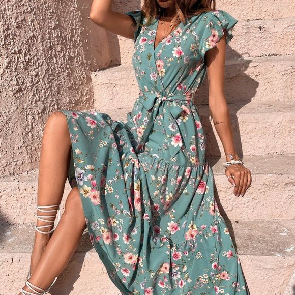Dresses | New Floral Print Butterfly Sleeve Ruffle Hem Belted Dress ...